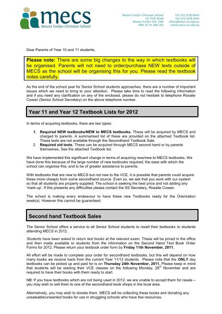 Year 11 and Year 12 Textbook Lists for 2012 Second hand Textbook ...