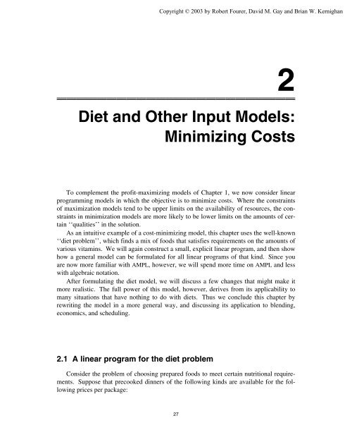 Diet and Other Input Models: Minimizing Costs - Ampl