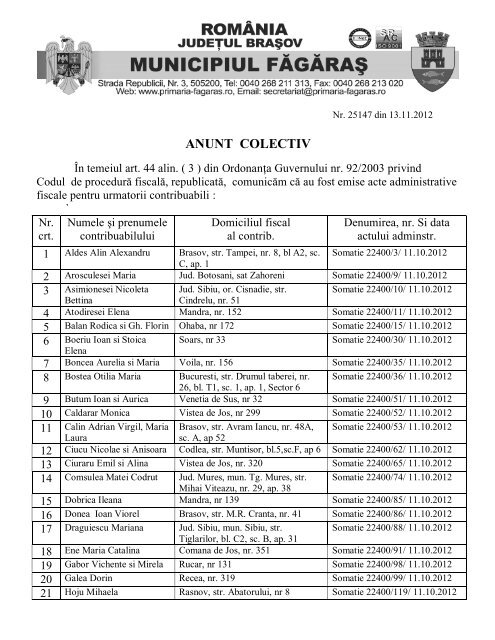 ANUNT COLECTIV - Primaria Municipiului Fagaras