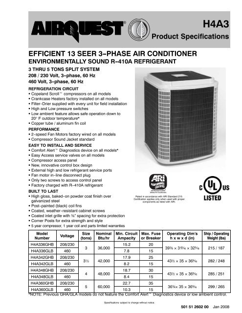 H4A3 13 Seer R410A 3 Phase Split System AC Specification Sheet
