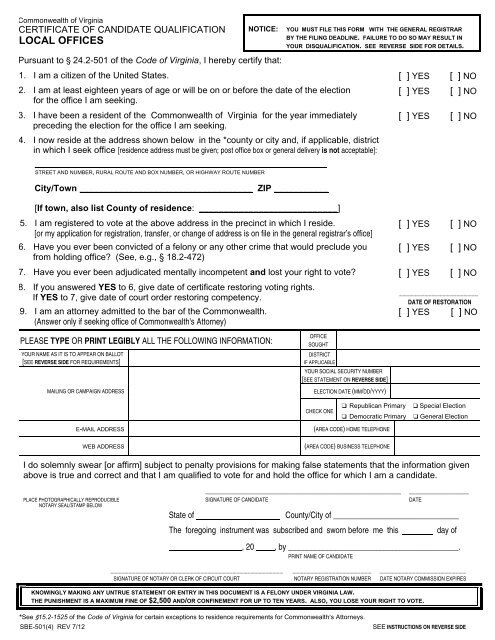 Certificate of Candidate Qualification - Local Offices - Virginia State ...