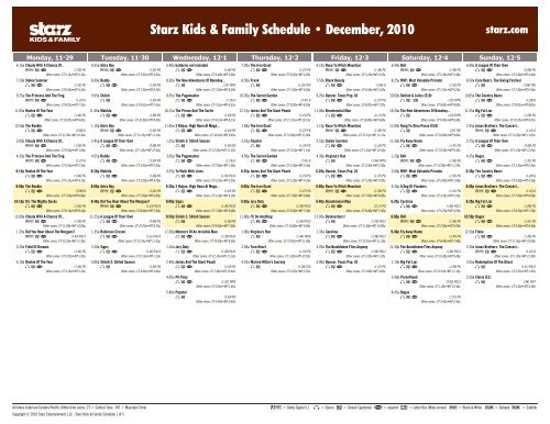 Starz Kids & Family Schedule - December, 2010