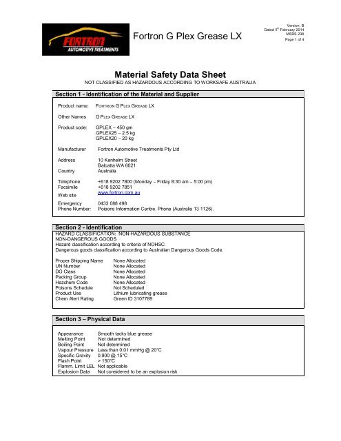 Material Safety Data Sheet - Fortron Automotive Treatments Pty Ltd