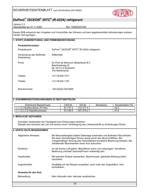 DuPont ISCEON 39TC (R-423A) refrigerant - Schweiz