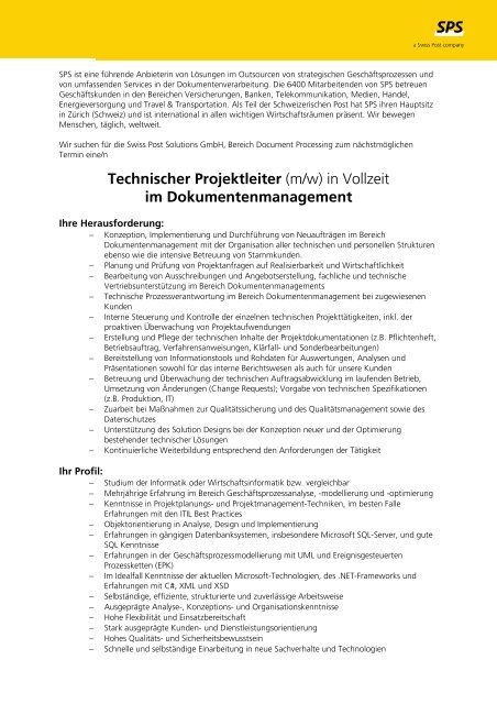Technischer Projektleiter (m/w) - Swiss Post Solutions