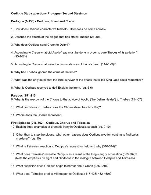 Oedipus Study questions Prologue- Second Stasimon Prologue (1 ...