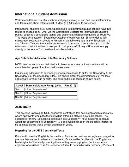 International Student Admission - Bedok View Secondary School