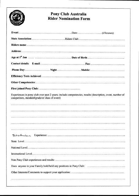 Rider Application Form - Pony Club Association of NSW