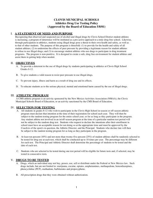 1 CLOVIS MUNICIPAL SCHOOLS Athletics Drug Use Testing Policy ...