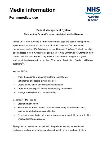 Patient Management System - NHS Ayrshire and Arran.