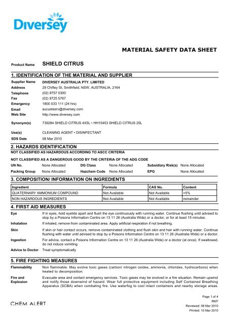 Diversey - Shield Citrus - msds - Perth Cleaning Supplies
