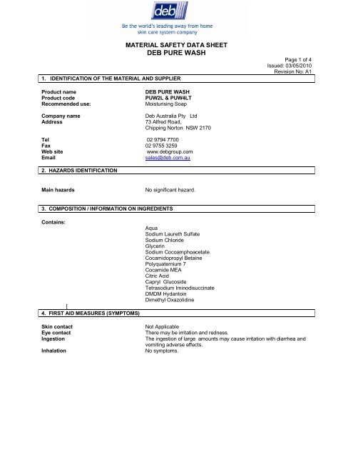 Deb - Pure Wash - msds - Rapidcleanperth.com.au