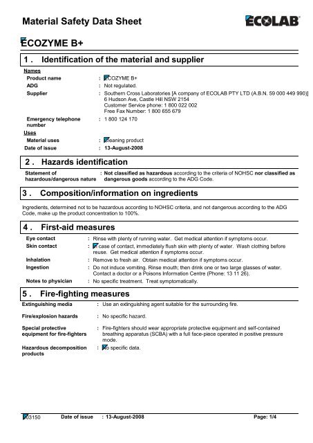 Material Safety Data Sheet ECOZYME B+ - Perth Cleaning Supplies