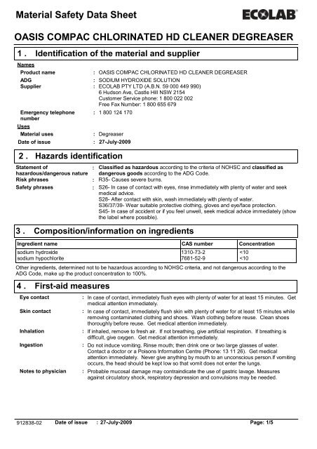 Oasis Compac Chlorinated HD Cleaner Degreaser 2009