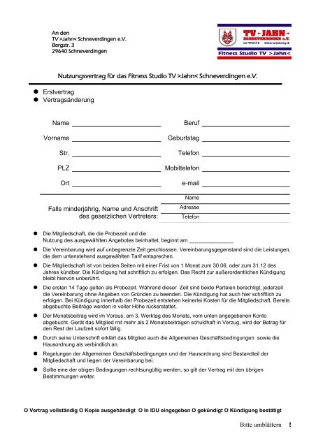 Nutzungsvertrag für das Fitness Studio TV >Jahn