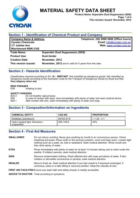 Superskin Dust Suppression MSDS - CYNDAN Chemicals