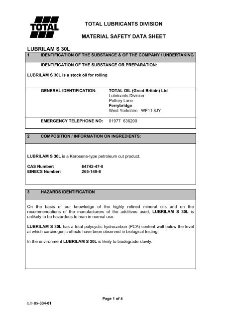 total lubricants division material safety data sheet ... - CHEMODEX Ltd
