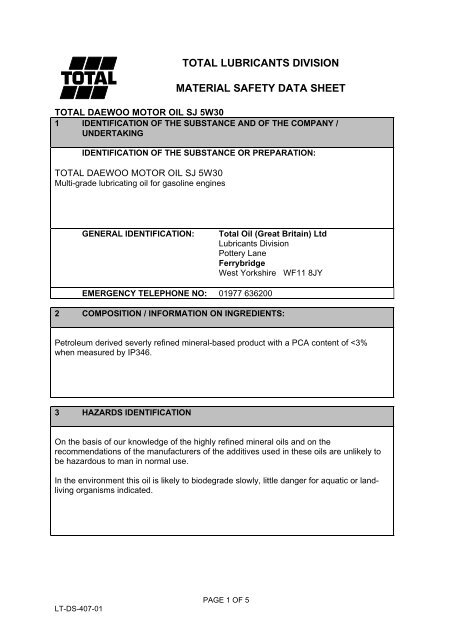 total lubricants division material safety data sheet - CHEMODEX Ltd