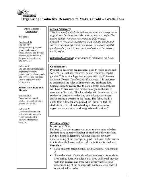 Organizing Productive Resources to Make a Profit - ODE - Ohio ...