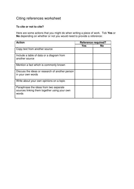 Citing references worksheet