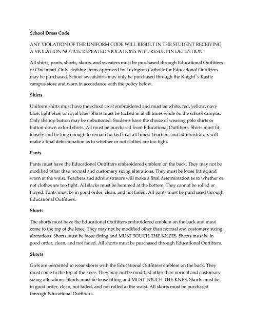 School Dress Code ANY VIOLATION OF THE UNIFORM CODE ...