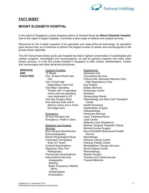 FACT SHEET MOUNT ELIZABETH HOSPITAL - Parkway Pantai