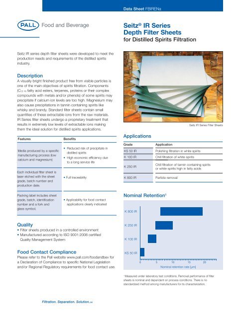 Seitz® IR Series Depth Filter Sheets - Pall Corporation (PLL)