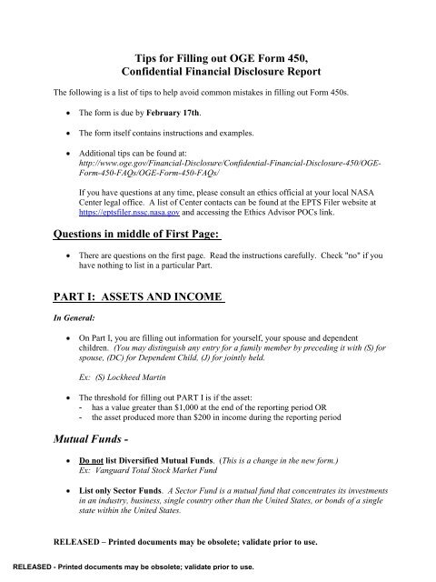 Tips for Filling out OGE Form 450, Confidential Financial Disclosure ...