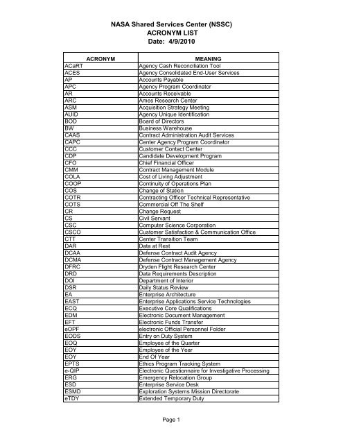 NASA Shared Services Center (NSSC) ACRONYM LIST Date: 4/9 ...