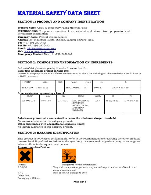 Material Safety Data Sheet Prevest Denpro Limited