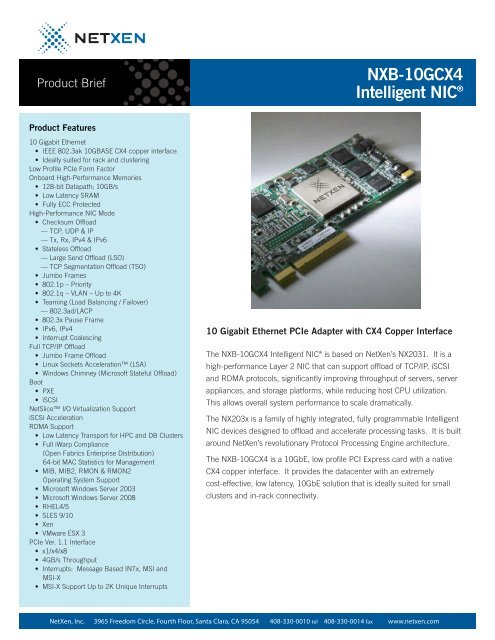NetXen NXB-10GCX4 Data Sheet - SANDirect.com