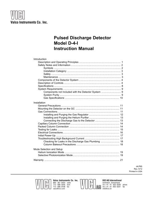 Pulsed Discharge Detector Model D-4-I Instruction Manual - Valco ...