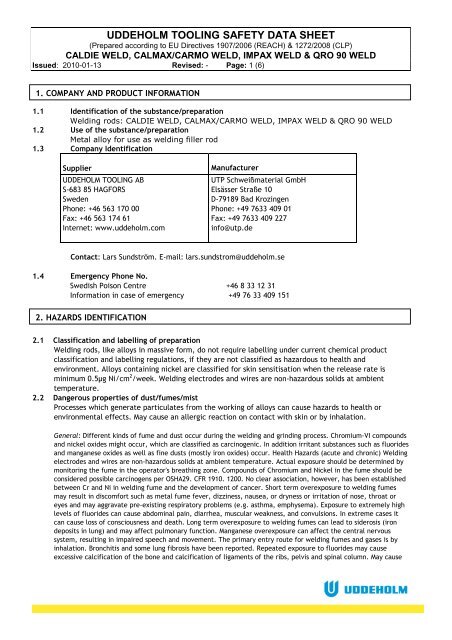 Uddeholm tooling safety data sheet