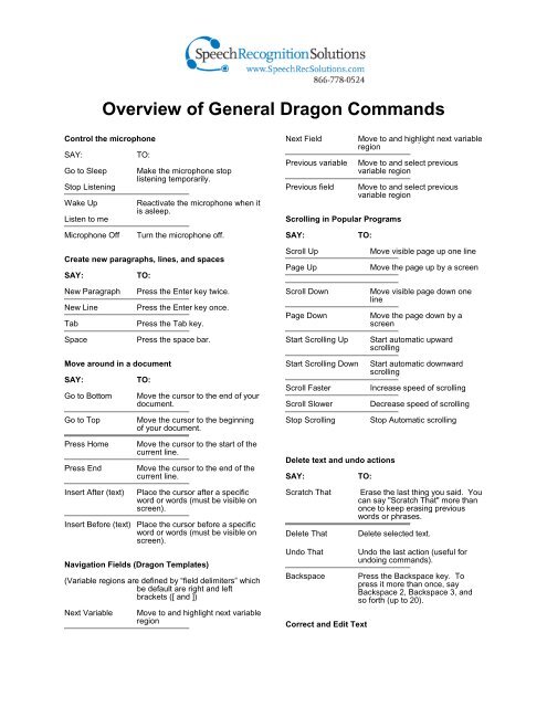 Overview of General Dragon Commands - Speech Recognition ...