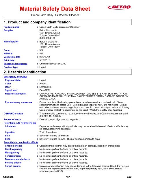 Green Earth Daily Disinfectant Cleaner MSDS ... - Betco Corporation