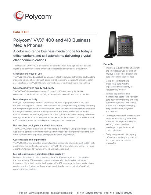 Polycom VVX 400/410 Datasheet - VoIPon Solutions
