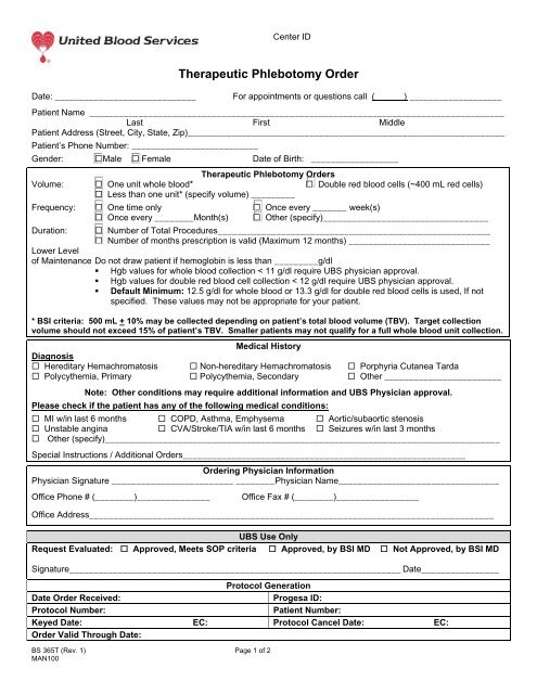 Therapeutic Phlebotomy Order - United Blood Services for Hospitals ...