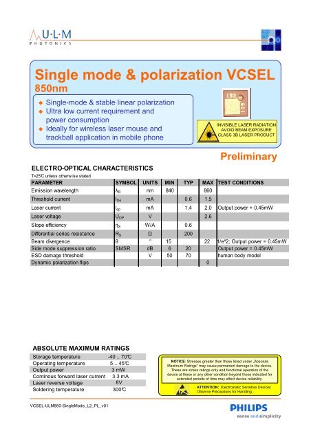 Single mode & polarization VCSEL 850nm