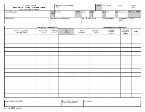 VEHICLE DELIVERY CONTROL SHEET - NALC Branch 78