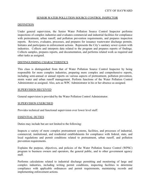 Senior Water Pollution Source Control Inspector - City of HAYWARD