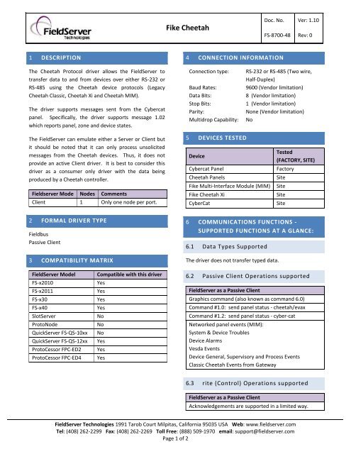 Fike Cheetah Data Sheet - FieldServer Technologies