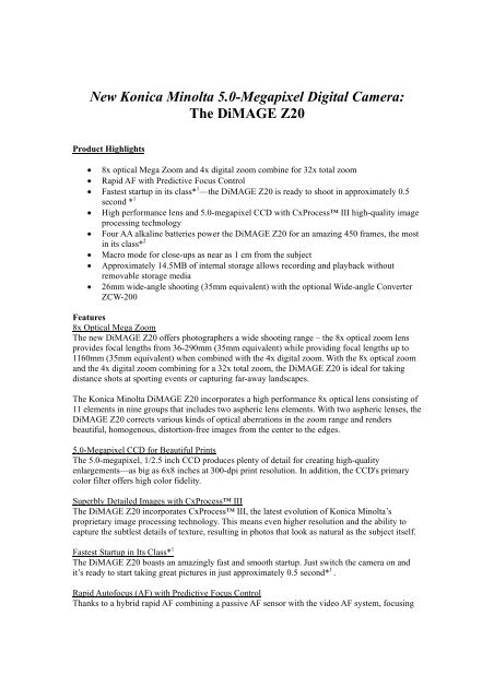 New Konica Minolta 5.0-Megapixel Digital Camera: The Dimage Z20