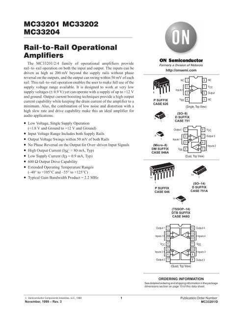MC33201 MC33202 MC33204 Rail-to-Rail Operational Amplifiers