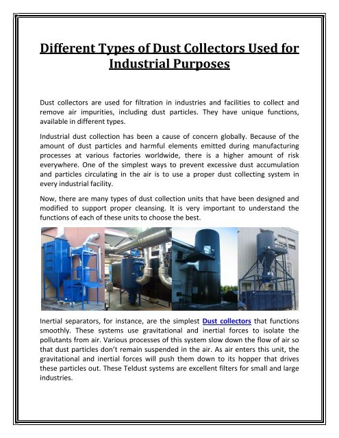 Different Types of Dust Collectors Used for Industrial Purposes