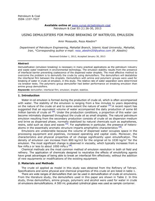 using demulsifiers for phase breaking of water/oil emulsion