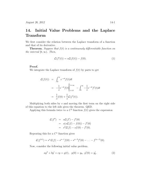 14. Initial Value Problems and the Laplace Transform