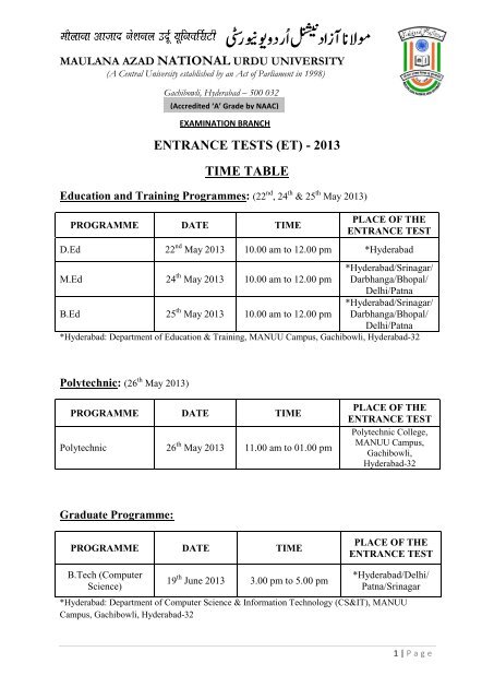 2013 time table - Maulana Azad National Urdu University