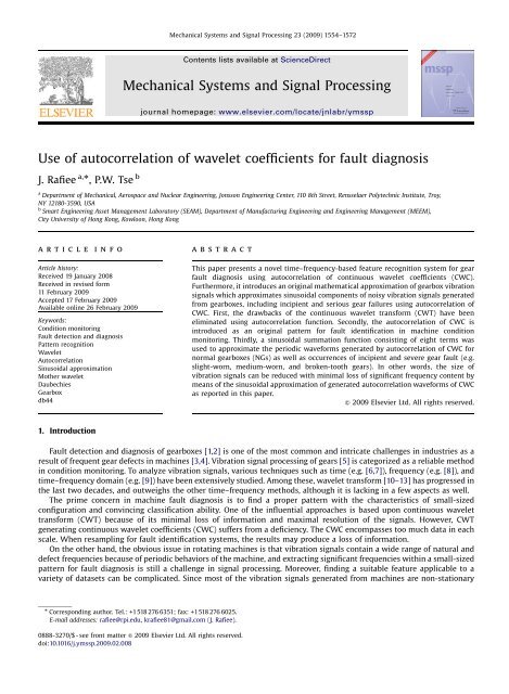 Use Of Autocorrelation Of Wavelet Coefficients For Fault Diagnosis