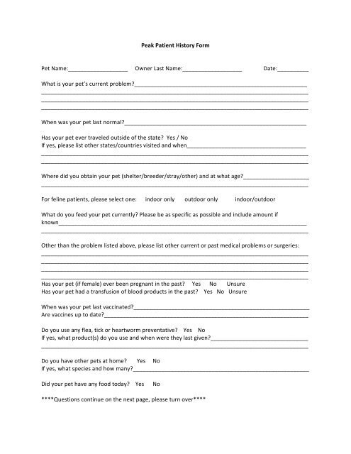 Peak Patient History Form - Peak Veterinary Referral Center