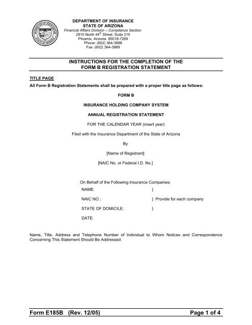 Form E185B - Arizona Department of Insurance